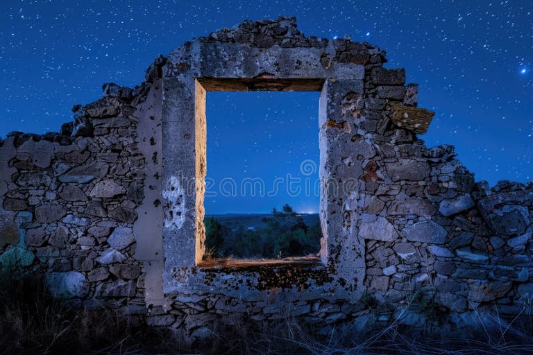 A Window in an Old Stone Building with a Starry Night Sky in the ...