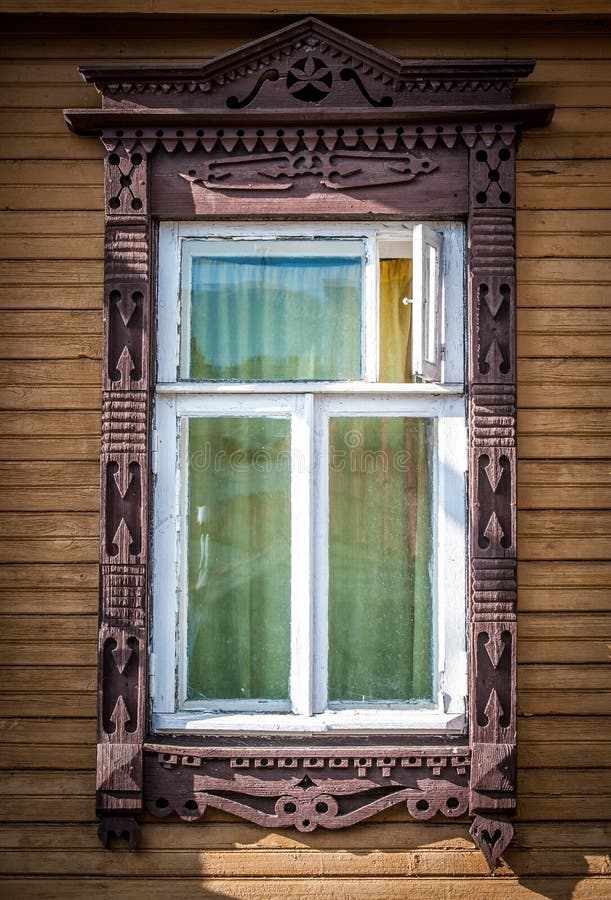 Window of Old Traditional Russian Wooden House. Stock Photo - Image of ...