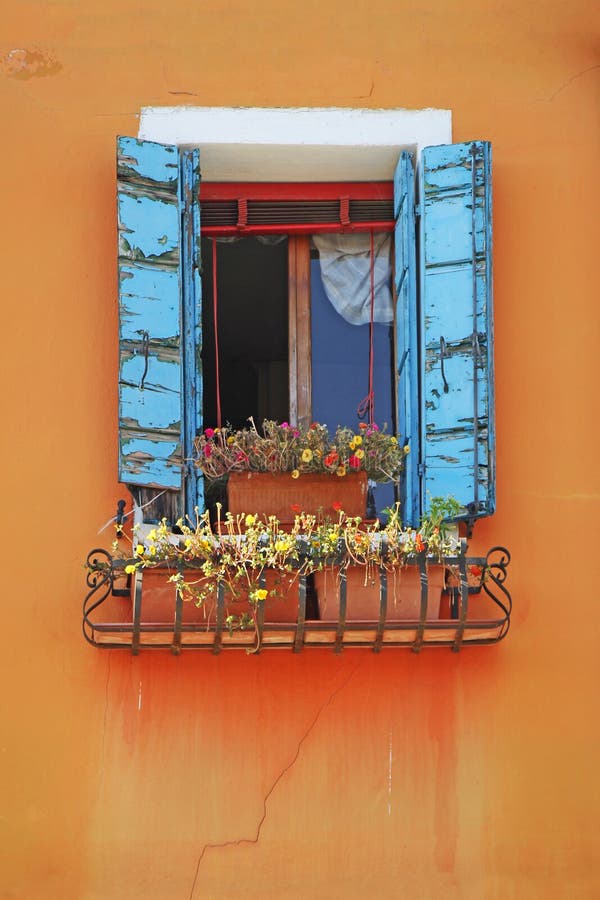 Window on a Orange Wall with Flowers Stock Photo - Image of geranium ...