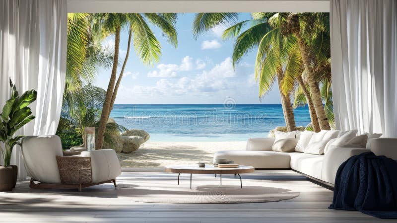 A Window Overlooking a Beach and Palm Trees, Created by Generative AI ...