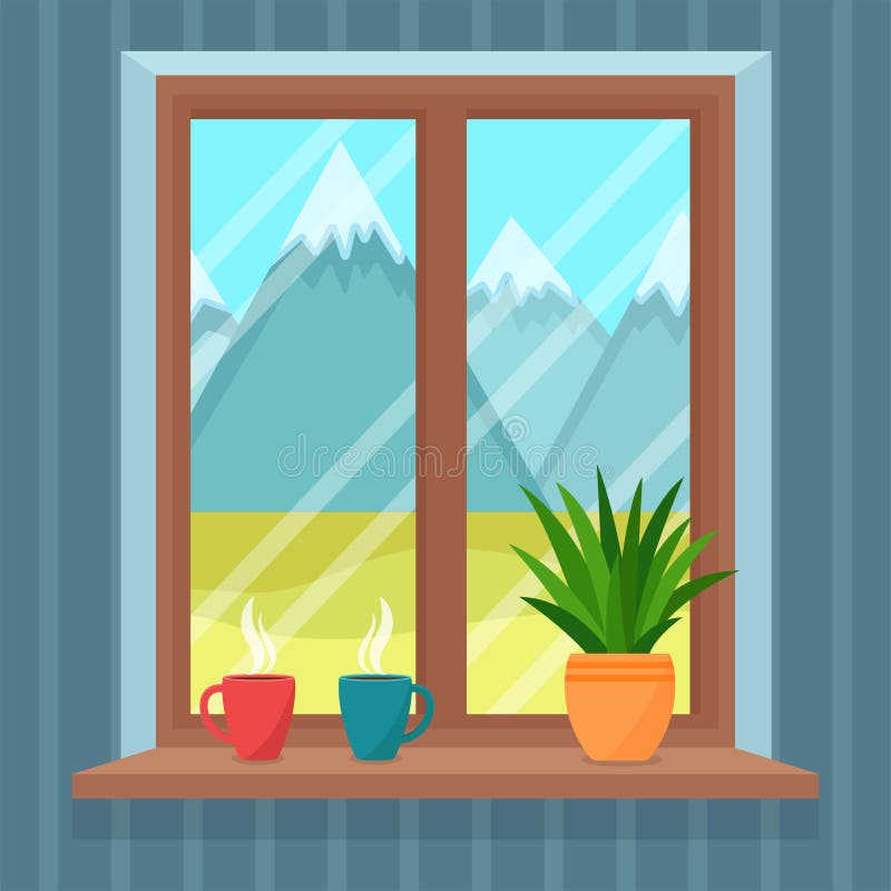 Window Overlooking the Beautiful Landscape with Mountains, Vector ...
