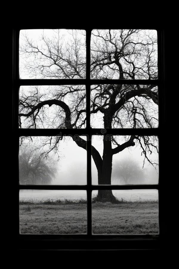 A Window Overlooking a Massive, Winding Tree and a Far-off Forest Stock ...