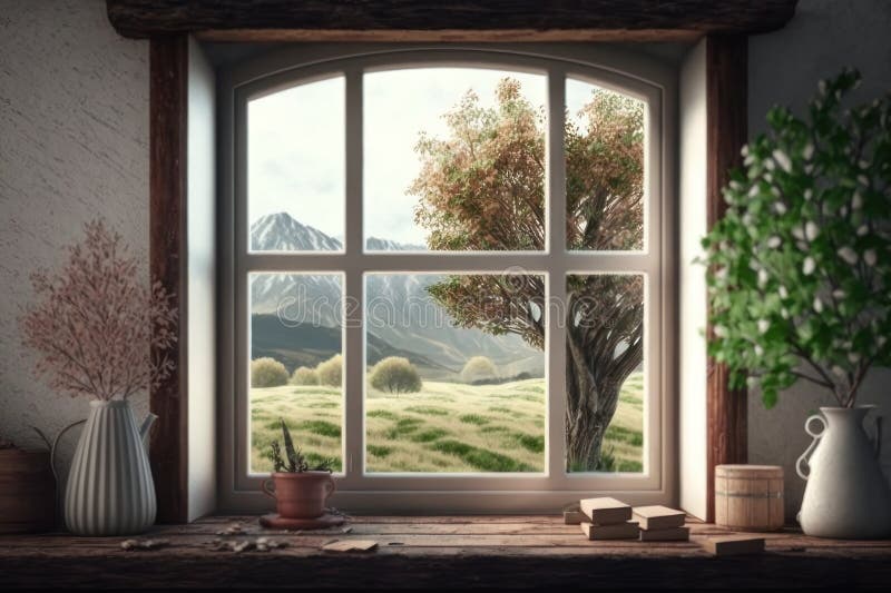 Window Overlooking the Mountains. AI Generative Stock Illustration ...