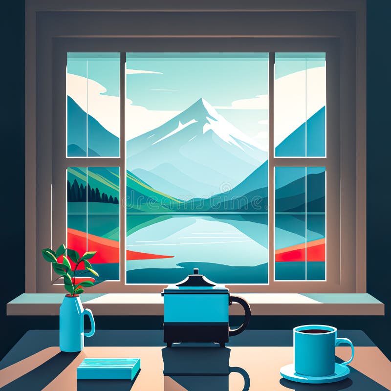 Window Overlooking Mountains and River, Cup of Tea in Room Interior ...
