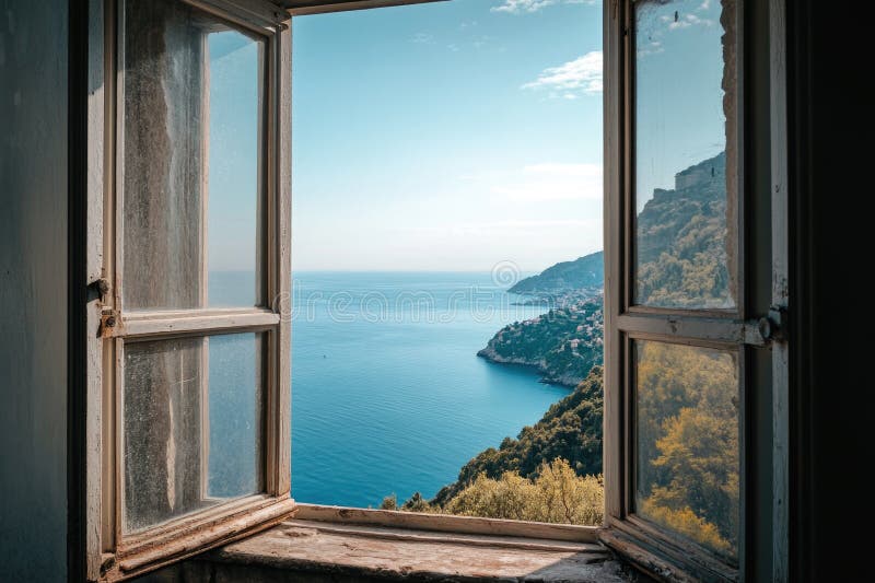 A Window Overlooking the Ocean with a View of the Shore Stock Image ...
