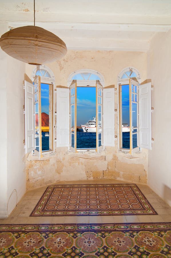 Bay Window Overlooking Mediterranean Sea Stock Image - Image of decline ...