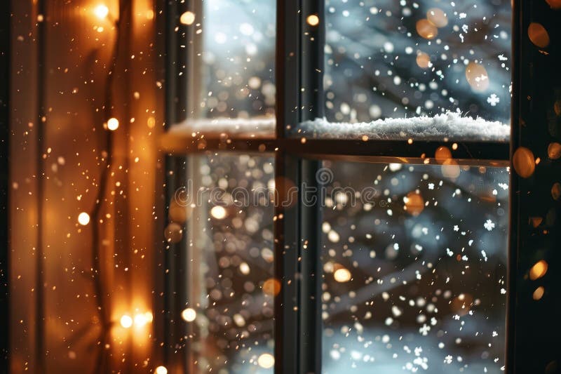 A Window Pane Covered in a Light Dusting of Snow with Falling ...