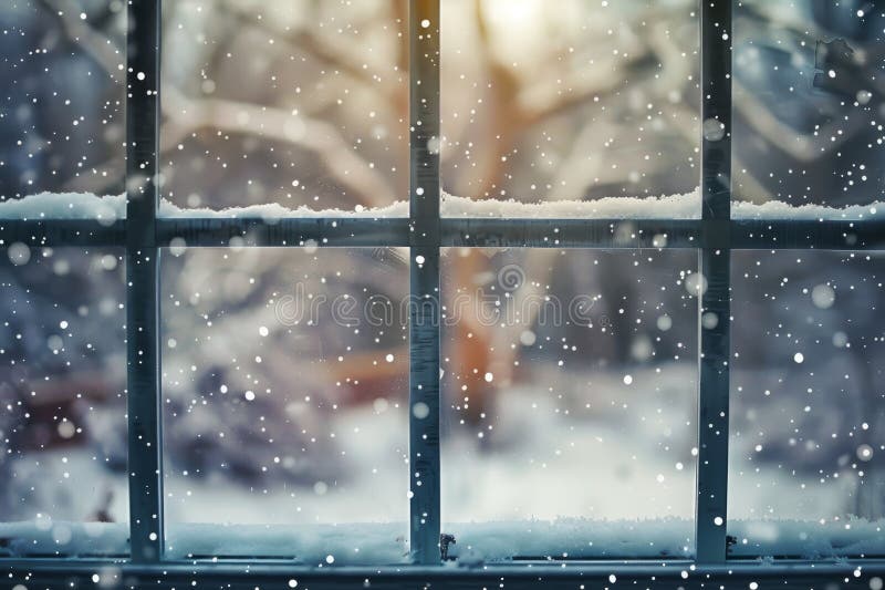 A Window Pane Covered in Snow with a Blurry View of a Wintery Landscape ...
