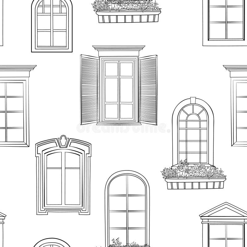 Window Pattern. Different Architectural Style of Windows Doodle Stock ...