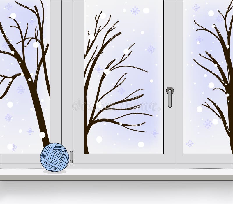Window Plastic with Views Falling Snow and Tree. Vector Winter ...