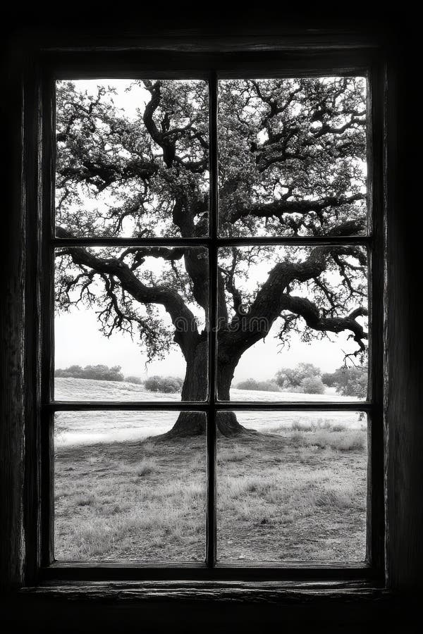A Window that Provides a Sight of a Large, Contorted Tree and a Remote ...