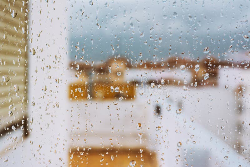 Window with Raindrops on it, Overlooking the Terrace. Stormy Sky Stock ...