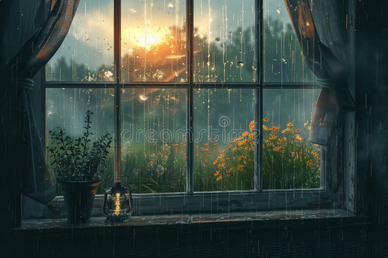 A Window with Raindrops on it and a Bright Sun Shining through Stock ...