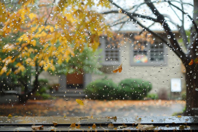 A Window with Raindrops on it and Leaves Falling Outside Stock Photo ...