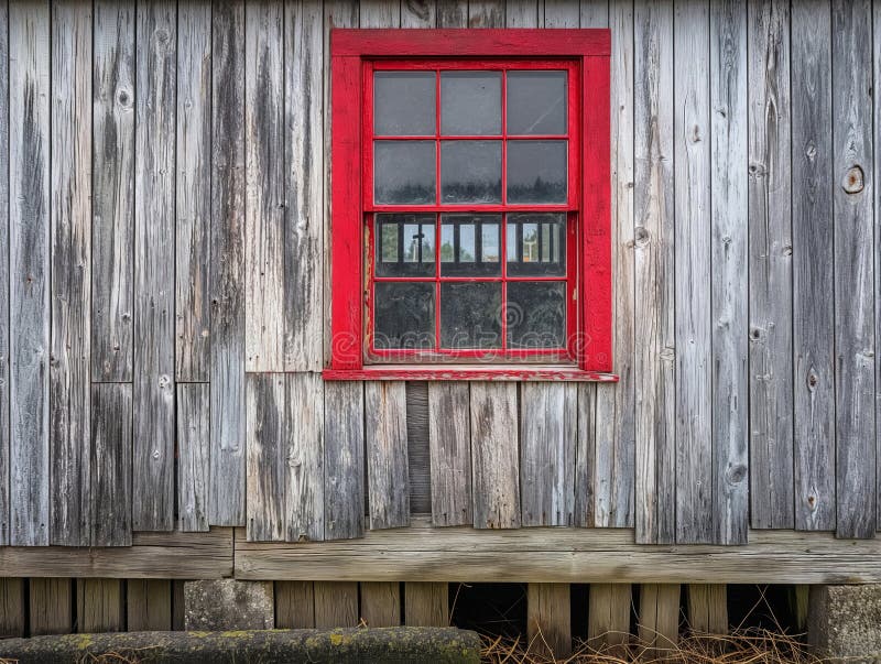 A Window with a Red Frame Sits in Front of a Wooden Wall Stock Image ...