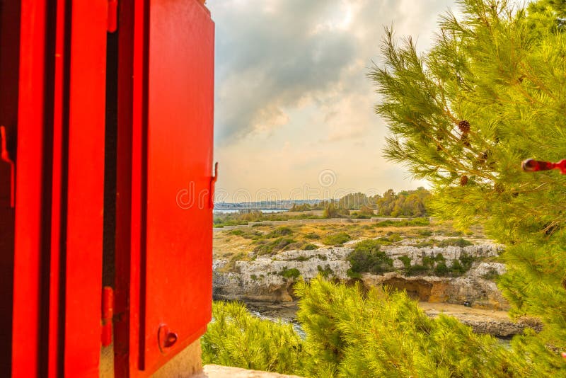 Window with Red Shutters Overlooking Pine Forest Stock Photo - Image of ...