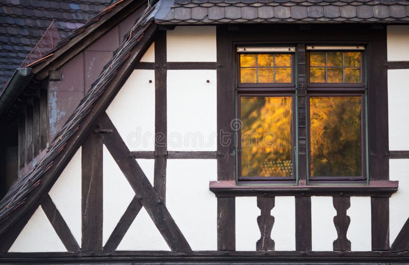 Window Reflection in Half Timbered House Stock Photo - Image of timber ...