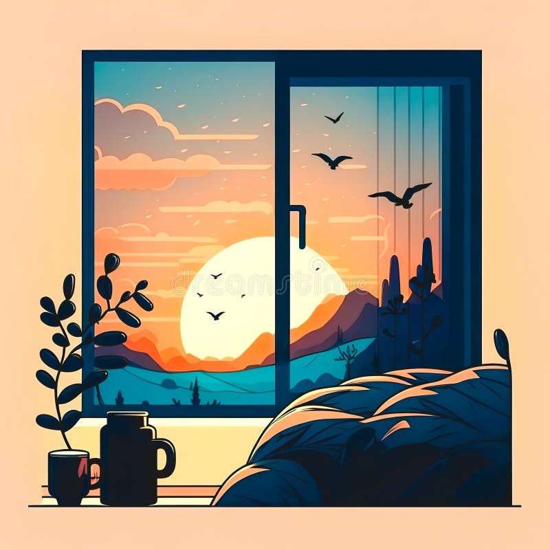 Window in a Room Overlooking the Sunset, Generative AI. Stock ...
