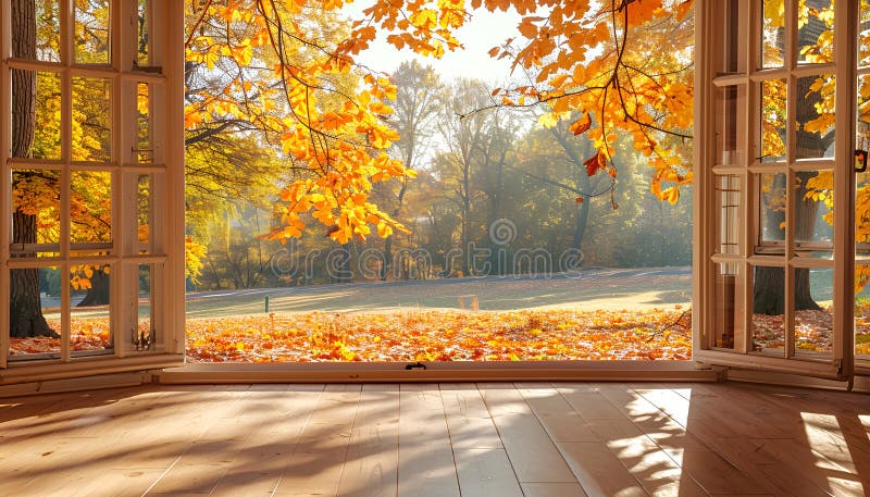 Window in Room View on Autumn Park with Fall Leaves on the Tree Stock ...