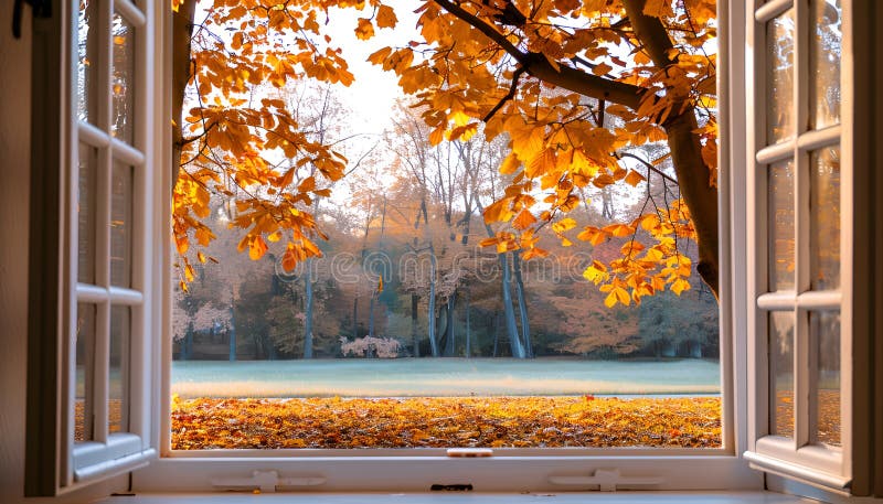 Window in Room View on Autumn Park with Fall Leaves on the Tree Stock ...