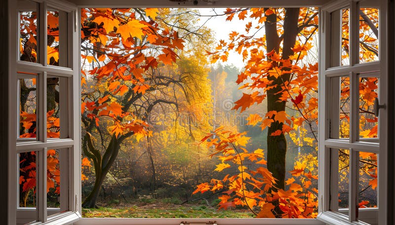 Window in Room View on Autumn Park with Fall Leaves on the Tree Stock ...