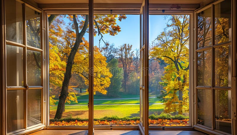 Window in Room View on Autumn Park with Fall Leaves on the Tree Stock ...