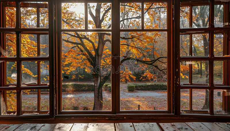 Window in Room View on Autumn Park with Fall Leaves on the Tree Stock ...