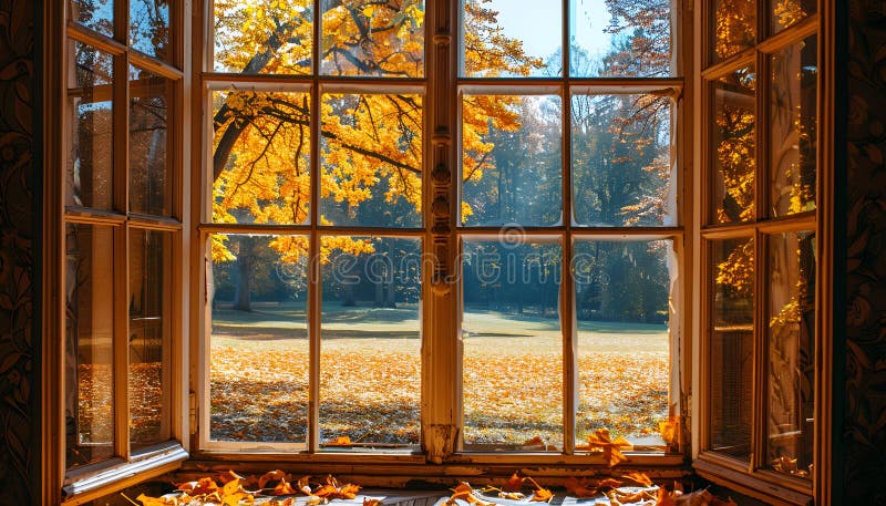 Window in Room View on Autumn Park with Fall Leaves on the Tree Stock ...