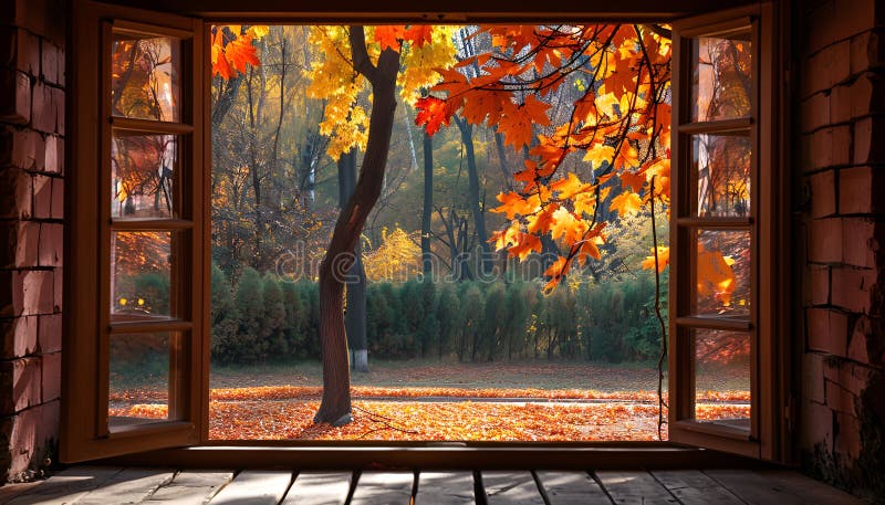 Window in Room View on Autumn Park with Fall Leaves on the Tree Stock ...