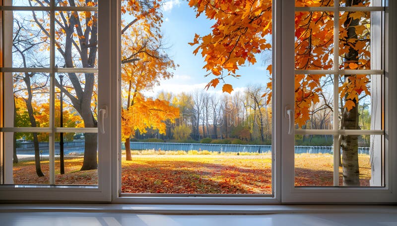 Window in Room View on Autumn Park with Fall Leaves on the Tree Stock ...