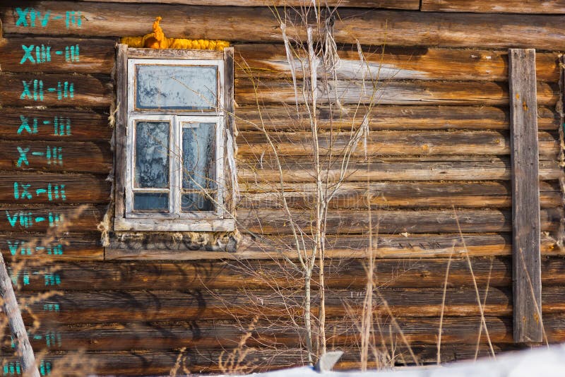 Window Rustic Hut in the Cold. Stock Image - Image of drops, march ...