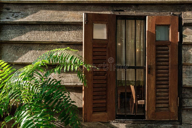 Window with Rustic Old Wooden Building Texture with Soft Sunlight ...