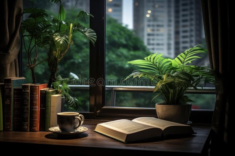 Window Seat with Books and a View of the City Stock Image - Image of ...