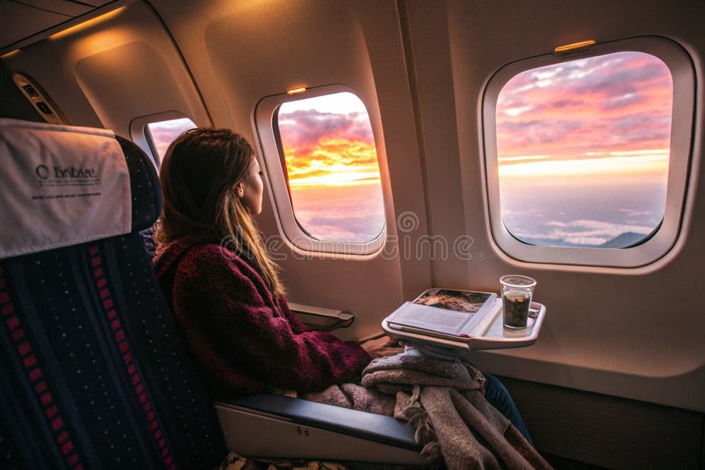 Window Seat View of Sunset during Flight Stock Illustration ...