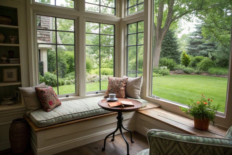 Window Seat with a View To the Yard and Large Windows Stock Image ...