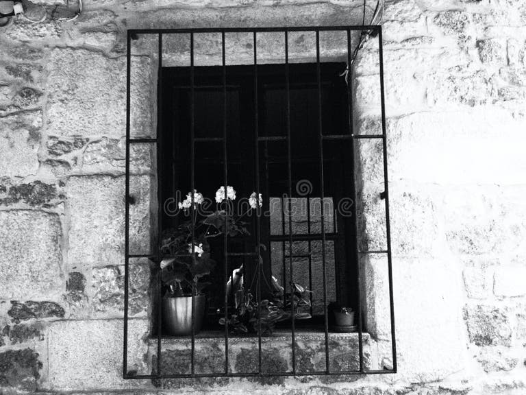 Window with Metal Grate in Rustic Stone Wall in La Coruna, Spain Stock ...