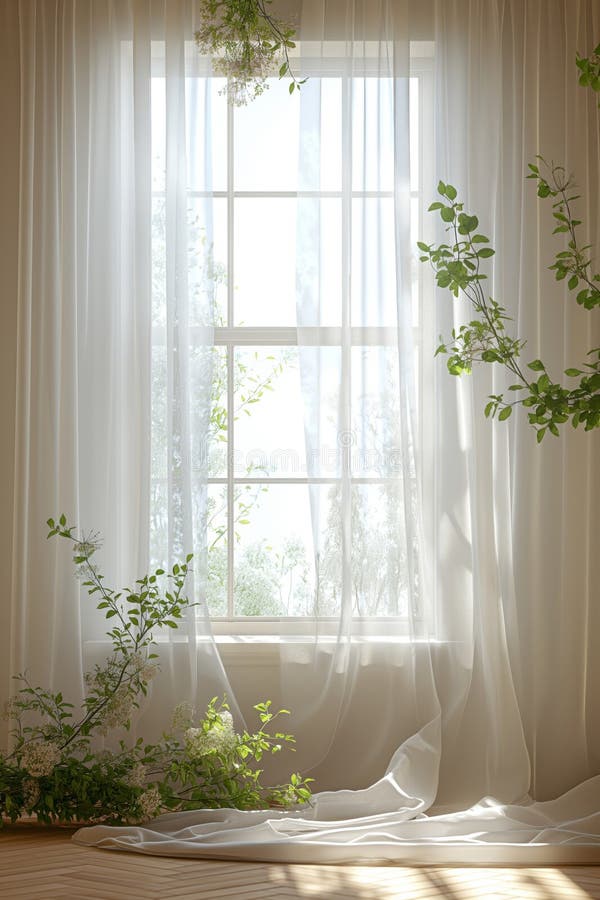 Window with Sheer Curtains and Greenery Stock Image - Image of white ...