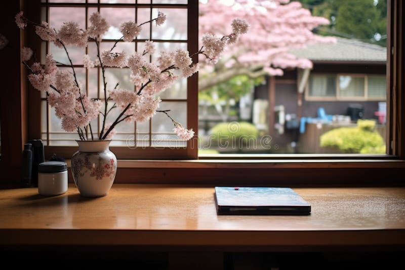 A Window Showing Blooming Cherry Blossoms and a Desk Stock Photo ...
