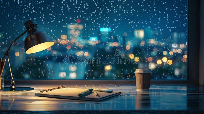 Window Showing a Night and Rainy Situation, Work Desk, Light, Window ...