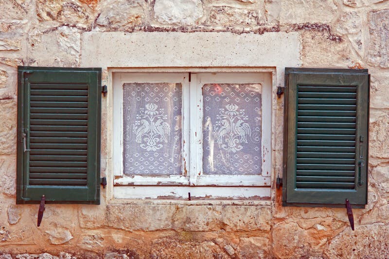 Window with Shutter and Net Curtain Stock Image - Image of wall ...