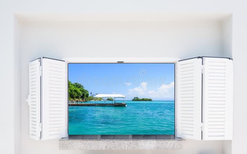 Window with Shutters Overlooking the Sea Stock Photo - Image of ...