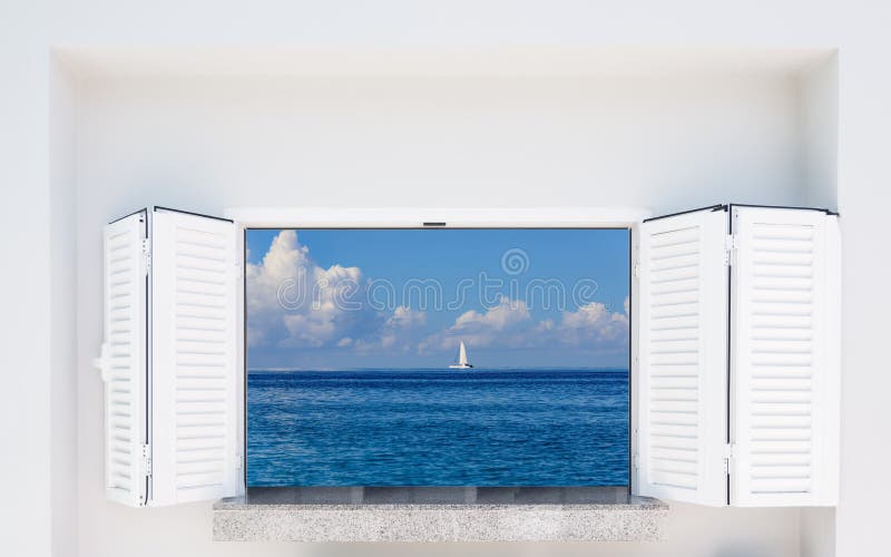 Window with Shutters Overlooking the Sea Stock Photo - Image of house ...