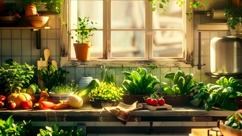 Window Sill Filled with Lots of Vegetables on Top of Counter. Stock ...