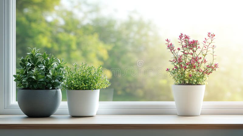Window Sill with Potted Plants and Empty Backdrop. Stock Photo - Image ...