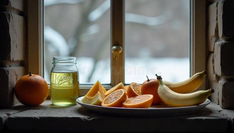 Window Sill Still Life with Fresh Fruit and Drink Stock Illustration ...