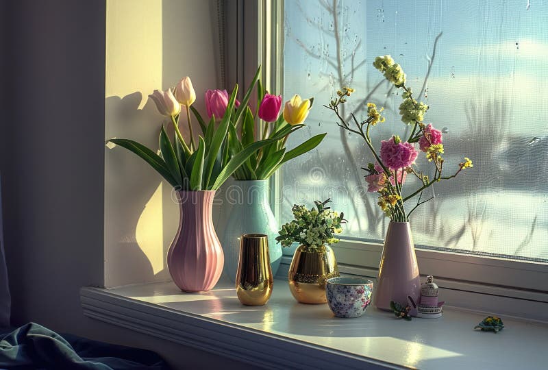 A Window Sill with Vases of Tulips and Hyacinths Stock Illustration ...