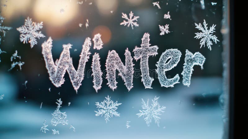 Window with Snowflakes and the Word Winter Written in Frost Stock ...