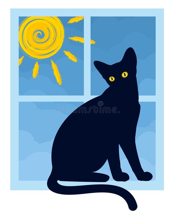 Window with sun and cat. stock vector. Illustration of domestic - 123362484