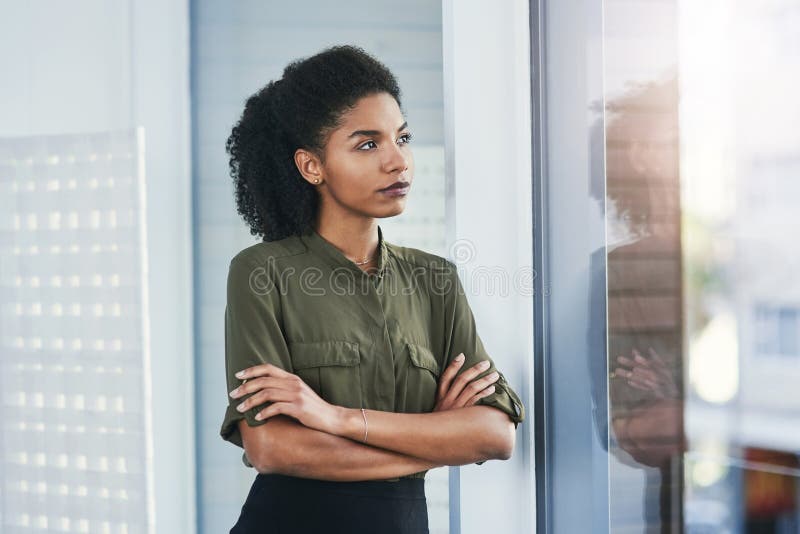 Window, Thinking and Business Woman with Arms Crossed in Office for ...