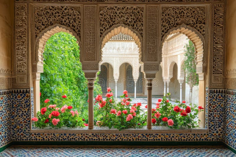 A Window with Three Arches and a View of a Courtyard with Flowers Stock ...